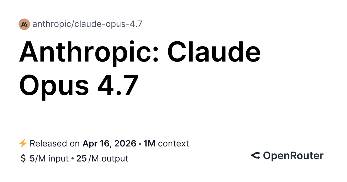 Anthropic: Claude Opus 4.7 – API Quickstart | OpenRouter