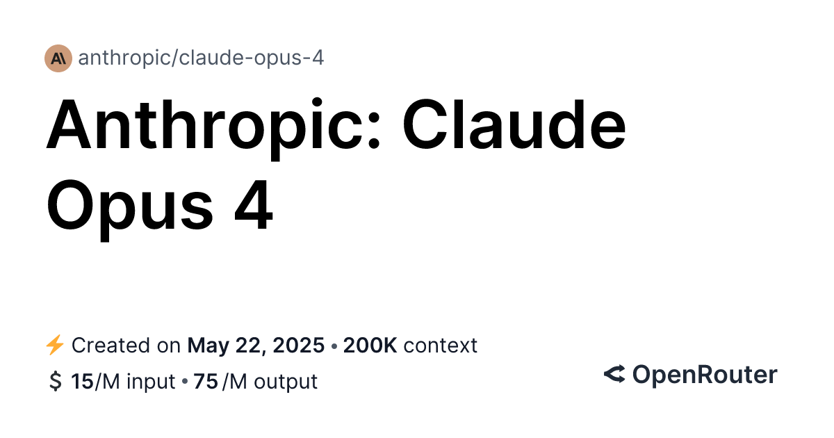 Anthropic: Claude Opus 4 – Run with an API | OpenRouter