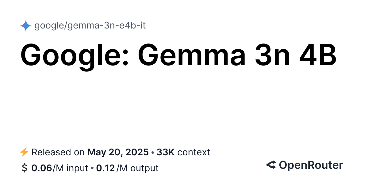 Gemma 3n 4B - API Pricing & Benchmarks | OpenRouter