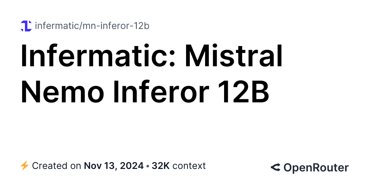 Mistral Nemo Inferor 12B - API, Providers, Stats | OpenRouter