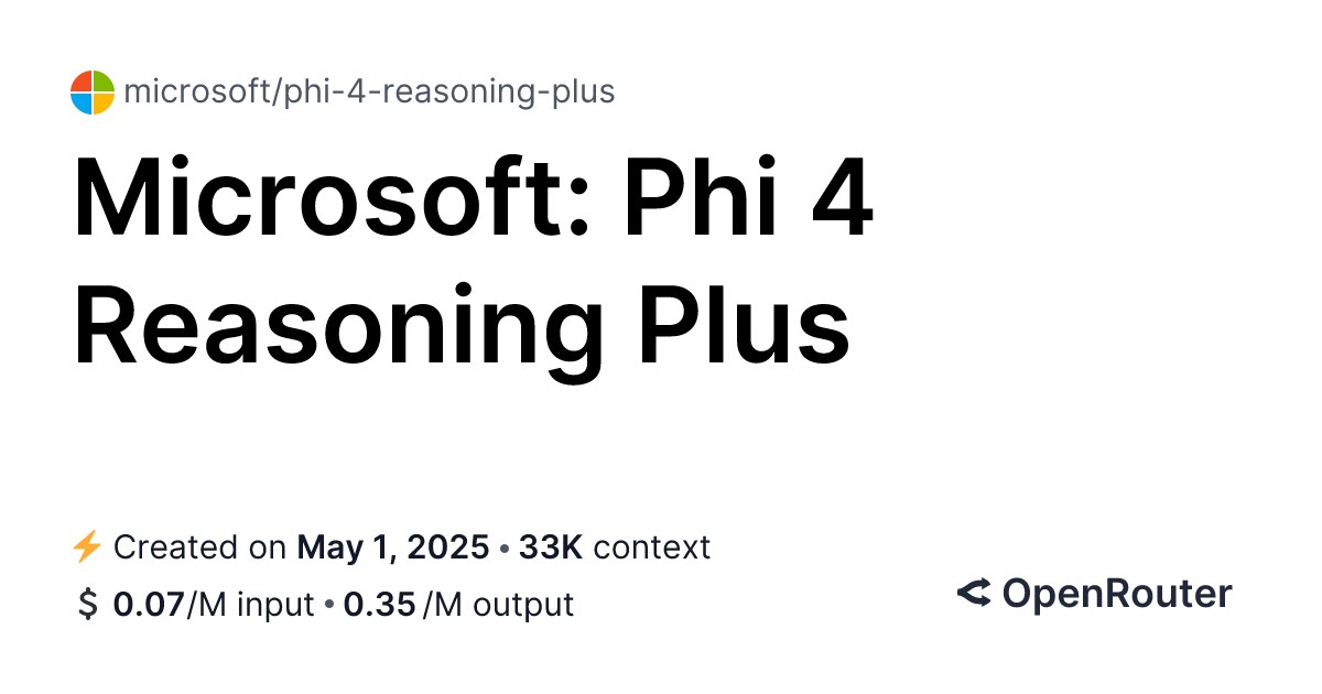 Phi 4 Reasoning Plus - API, Providers, Stats | OpenRouter