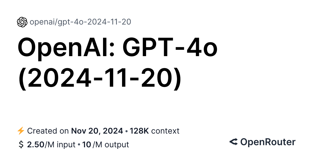 GPT-4o (2024-11-20) - API, Providers, Stats | OpenRouter
