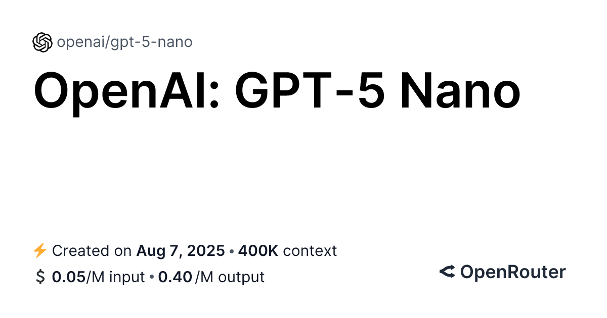 GPT-5 Nano - API, Providers, Stats | OpenRouter