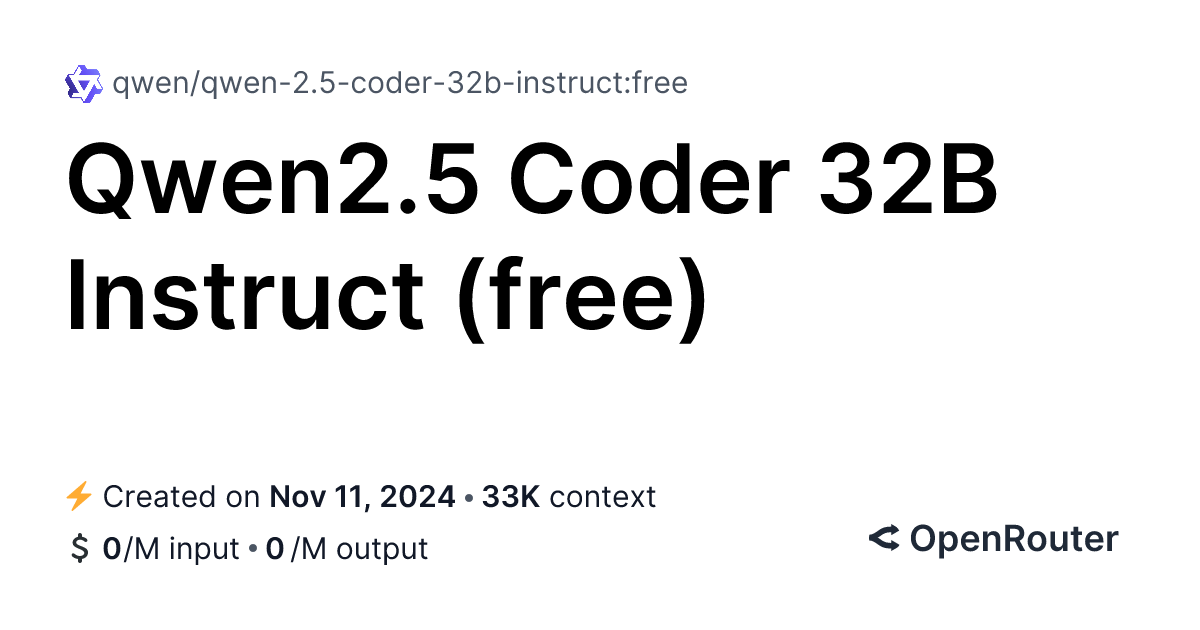 Qwen2.5 Coder 32B Instruct (free) – Run with an API | OpenRouter Qwen2.5 Coder 32B Instruct (free) – Run with an API | OpenRouter