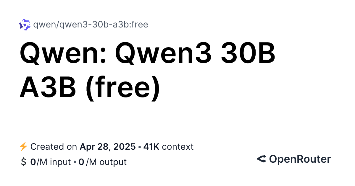 Qwen: Qwen3 30B A3B (free) – Uptime and Availability | OpenRouter