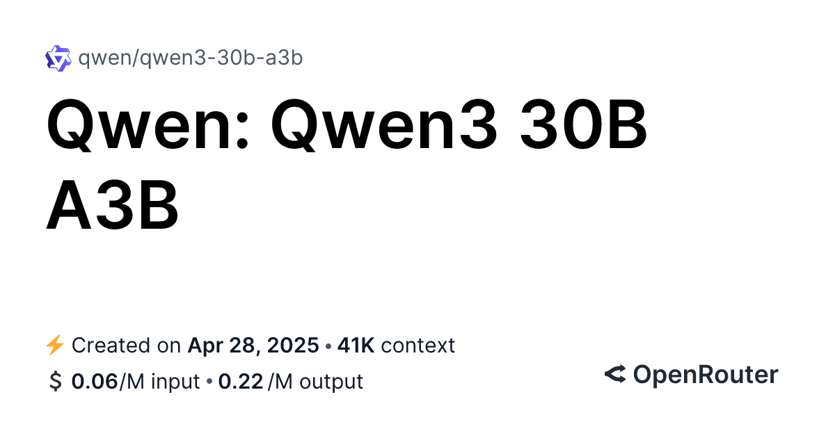 Qwen: Qwen3 30B A3B – API Quickstart | OpenRouter