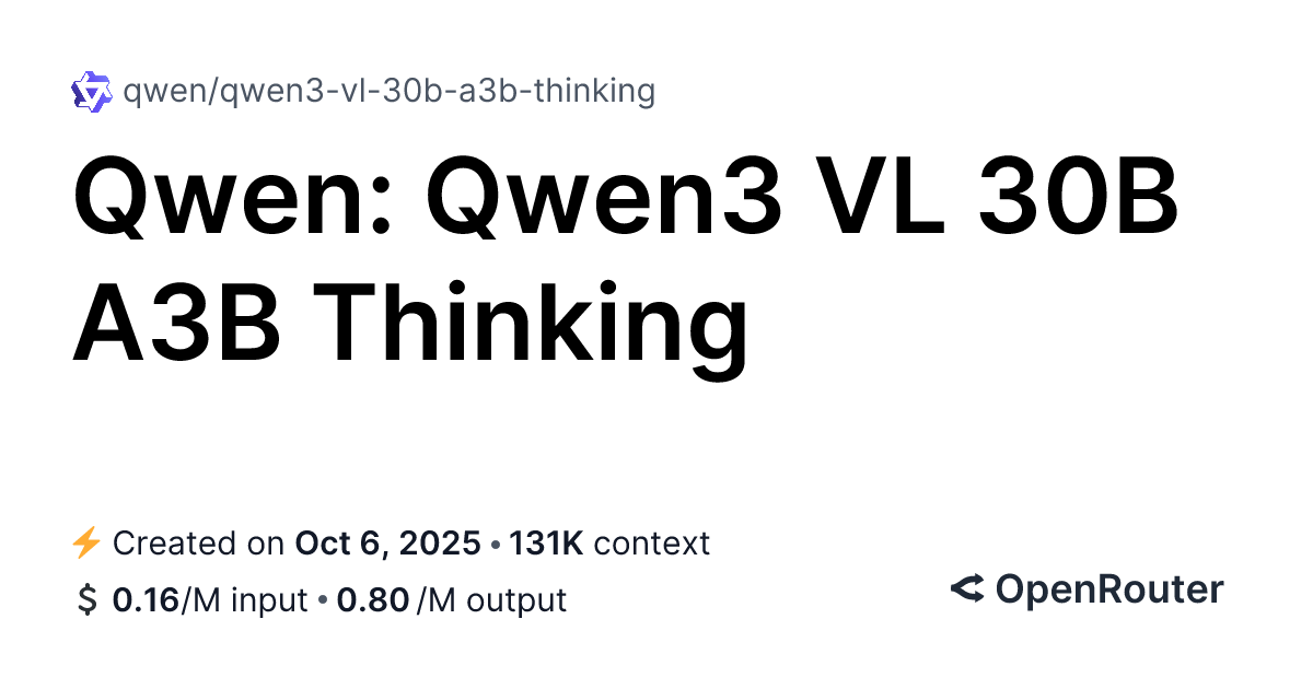 Qwen: Qwen3 VL 30B A3B Thinking – Run with an API | OpenRouter