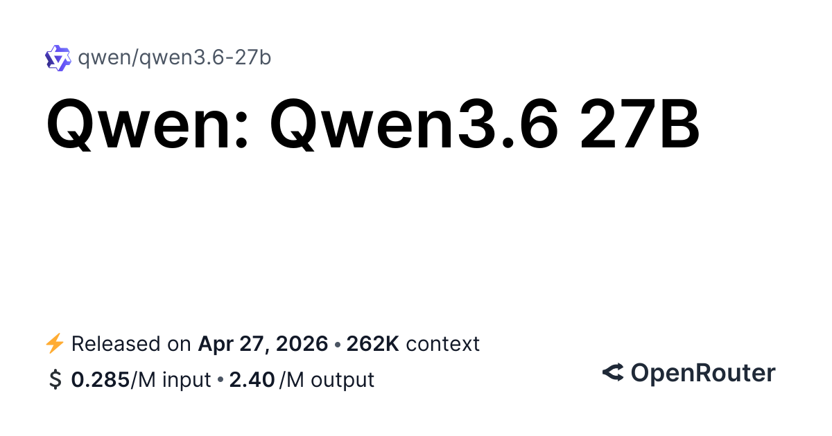 Qwen3.6 27B - API Pricing & Benchmarks | OpenRouter
